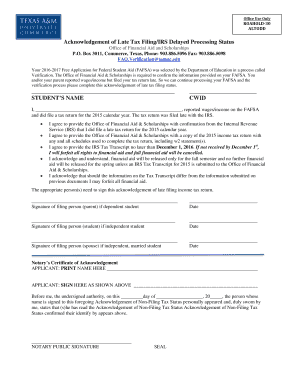 Fillable Online tamuc Acknowledgement of Late Tax Filing/IRS Delayed ...