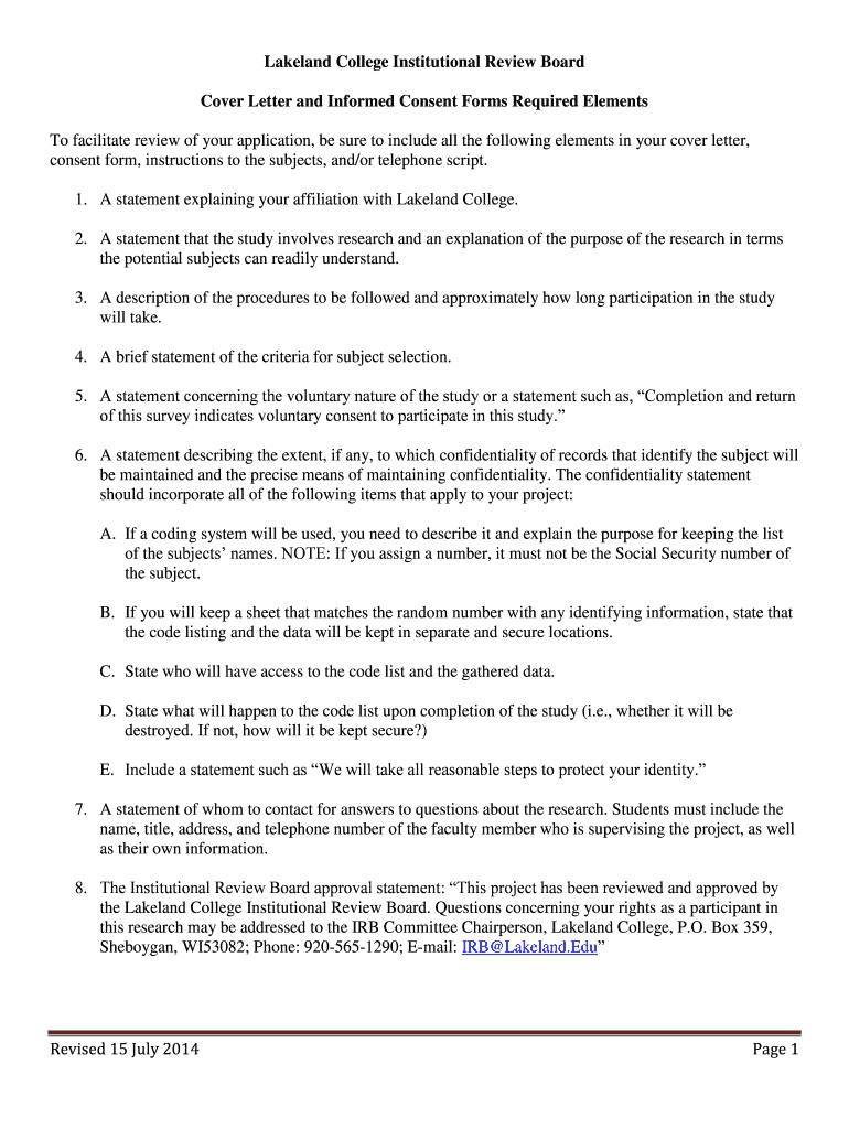 Fillable Online lakeland Lakeland College Institutional Review Board Cover Letter ... Fax Email ...