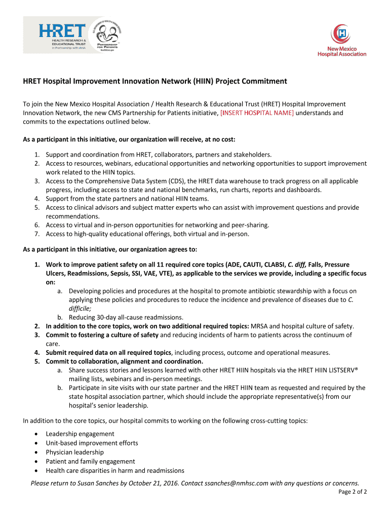 Fillable Online nmhanet Draft Hospital Commitment Letter - New Mexico Hospital Association ...