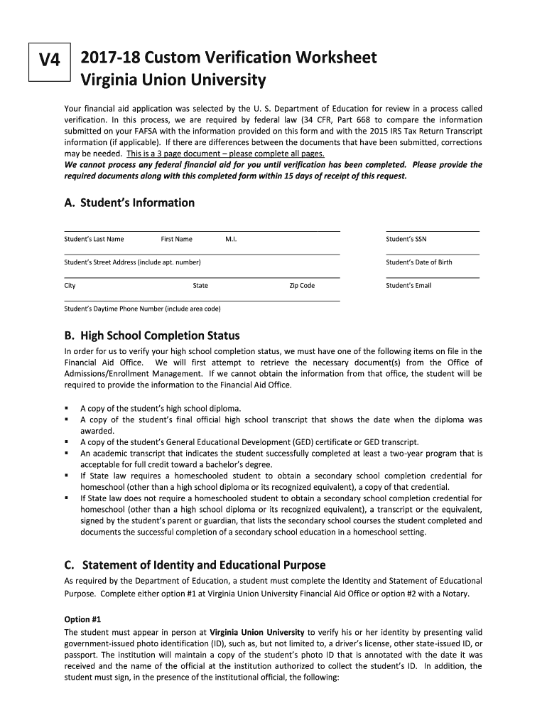 Fillable Online Vuu 2017 18 Custom Verification Worksheet Fax Email Print Pdffiller