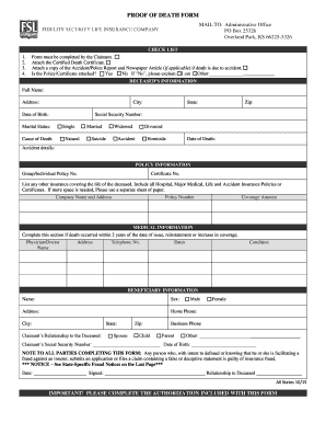 Fillable Online PROOF OF DEATH FORM - unifiedlife.com Fax Email Print ...