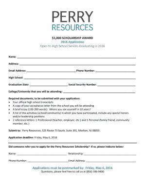 Fillable Online $1,000 SCHOLARSHIP AWARD 2016 Application Open to High ...