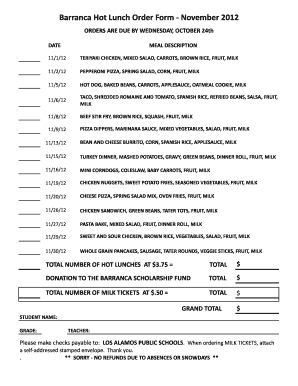 Fillable Online Hot Lunch NOV 2012 Order Form - laschools.net Fax Email ...