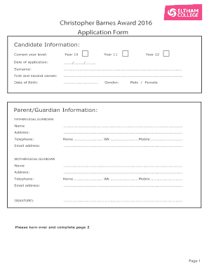 Fillable Online elthamcollege vic edu Christopher Barnes Award 2016 ...