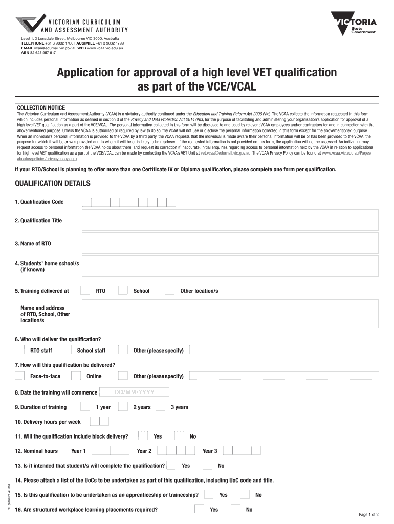 Fillable Online Application for approval of a high level VET ...