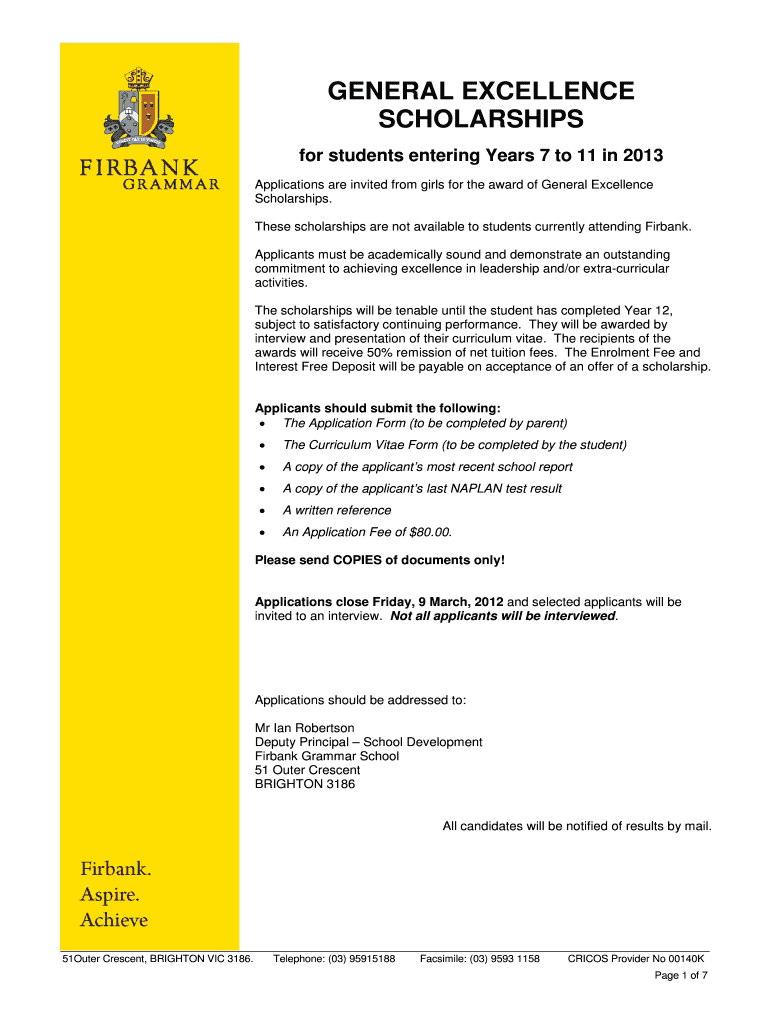 Fillable Online firbank vic edu general excellence scholarships ...