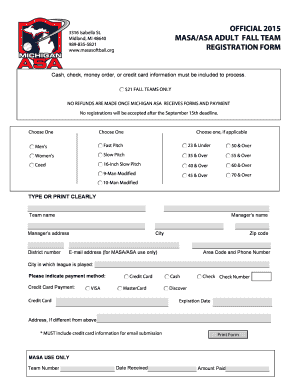Fillable Online official 2015 masa/asa adult fall team registration ...