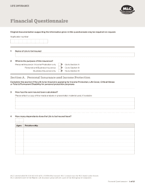 Fillable Online Financial Questionnaire - wealth.mlc.com.au Fax Email ...