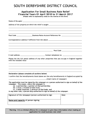 Fillable Online Application For Small Business Rate Relief - South ...