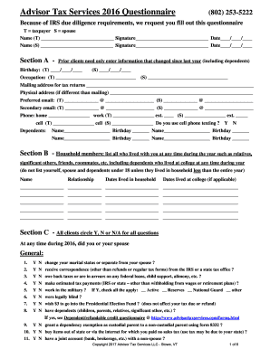 Fillable Online Advisor Tax Services 2016 Questionnaire Fax Email Print ...