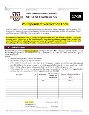 Fillable Online tamiu V5 Dependent Verification Form - tamiu.edu Fax ...