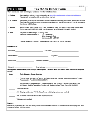 Fillable Online PHYS 100 Textbook Order Form Fax Email Print - pdfFiller
