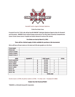 Fillable Online Baseball Coaches Against Multiple Myeloma T-Shirt Pre ...