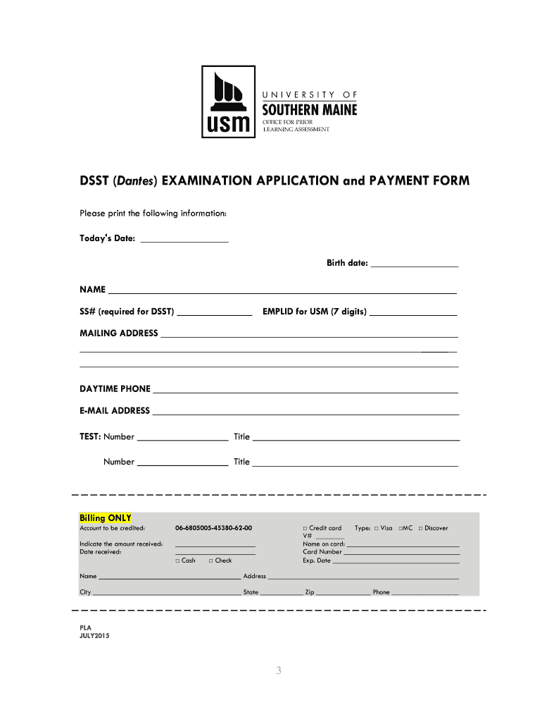 Fillable Online usm maine DSST (Dantes) EXAMINATION APPLICATION and ...