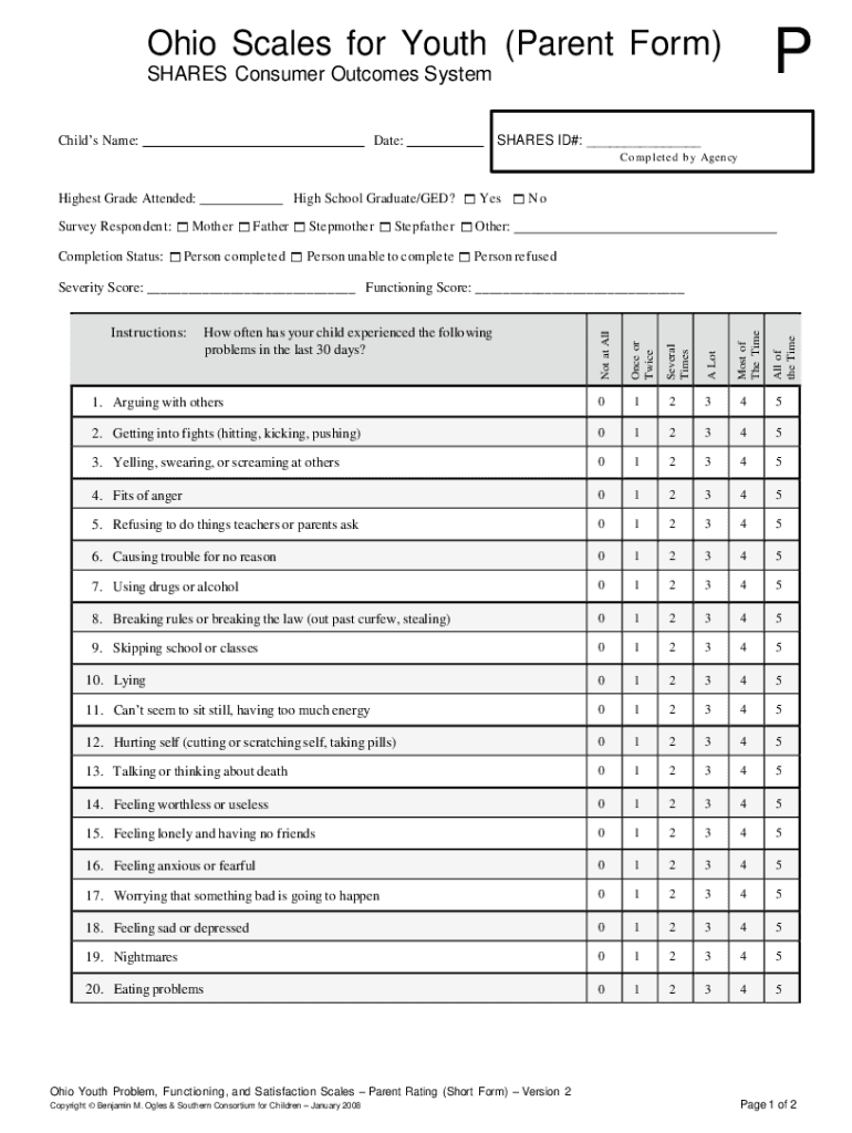 Fillable Online concordcounseling Ohio Scales for Youth (Parent Form ...