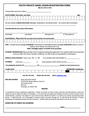 Fillable Online academicdepartments musc Private Swim Registration Form ...