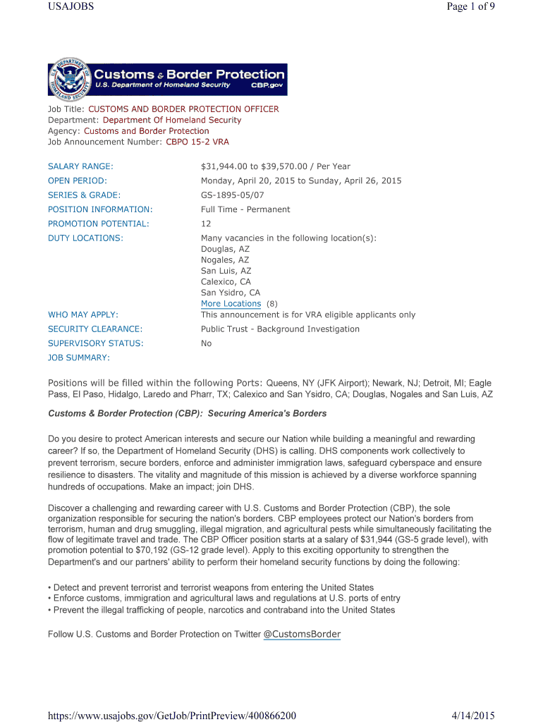 Fillable Online Job Title: CUSTOMS AND BORDER PROTECTION OFFICER Fax ...