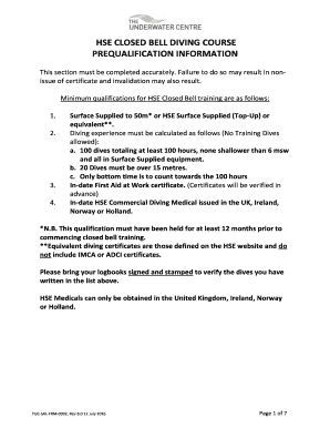 Fillable Online HSE CLOSED BELL DIVING COURSE PREQUALIFICATION Fax ...