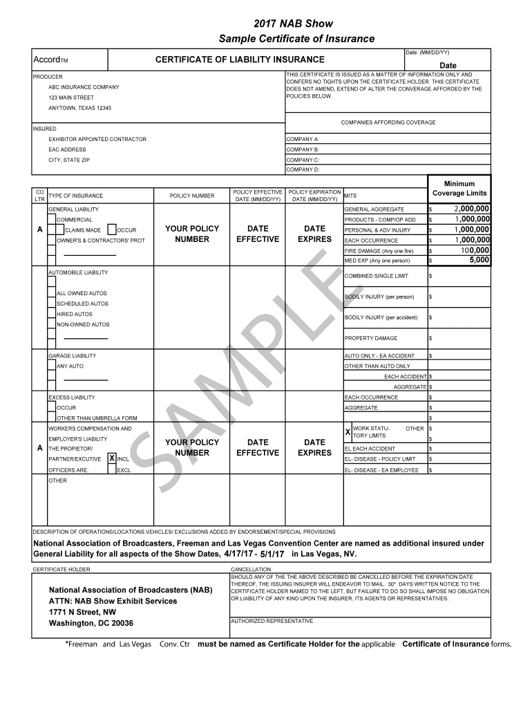 Fillable Online 2017 NAB Show Sample Certificate of Insurance Fax Email ...