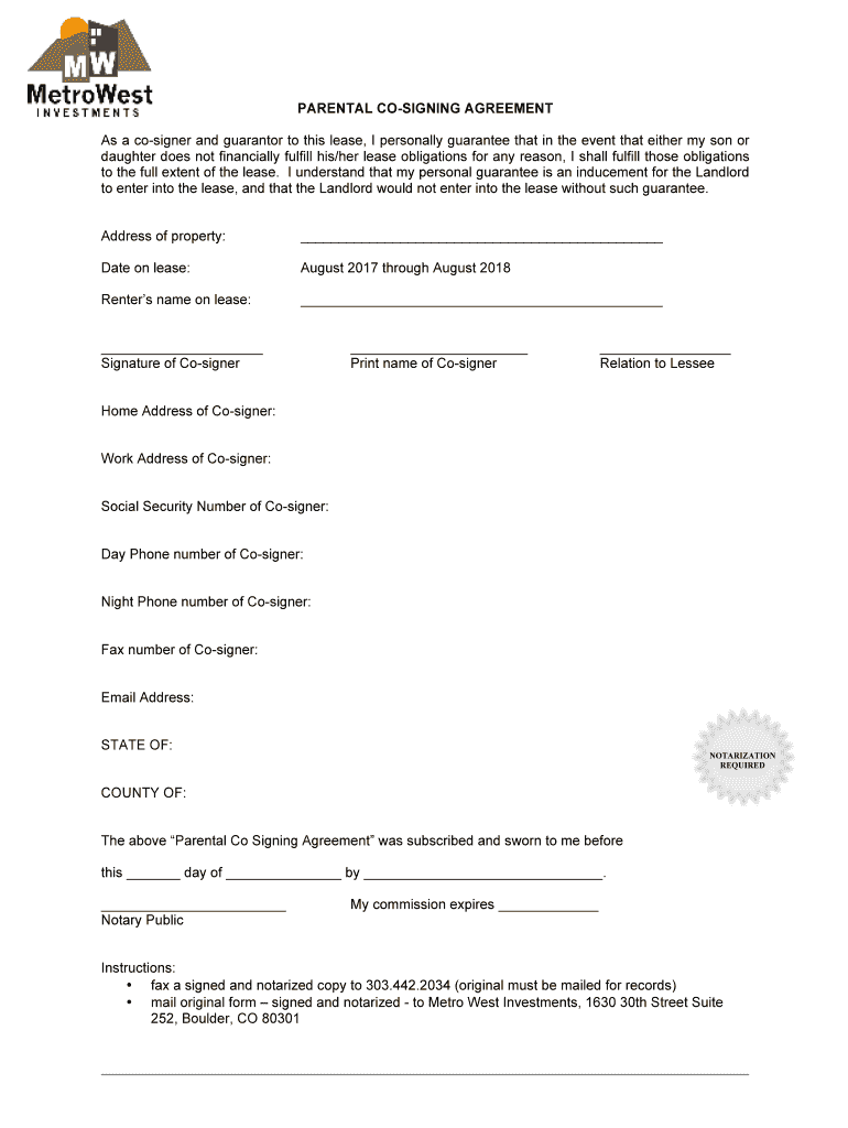Fillable Online PARENTAL CO-SIGNING AGREEMENT As a co-signer and ...
