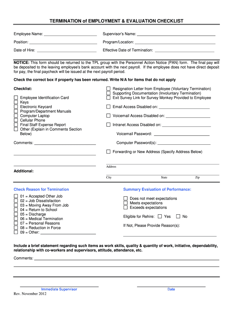 Fillable Online ywca EMPLOYEE TERMINATION EVALUATION/CHECKLIST Fax ...