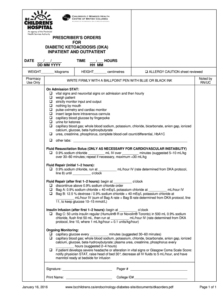 Fillable Online policyandorders cw bc DKA Sample Physician Order Sheet ...