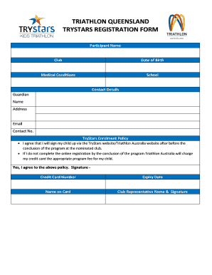 Fillable Online TRIATHLON QUEENSLAND TRYSTARS REGISTRATION FORM Fax ...