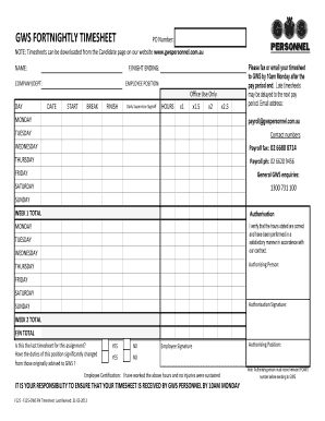 Fillable Online GWS Personnel Fortnightly Timesheet Fax Email Print ...