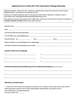 Fillable Online bio indiana Application Form for Select 2017-18 IU ...