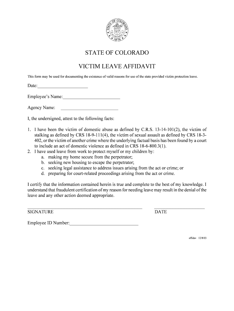 Fillable Online colorado VICTIM LEAVE AFFIDAVIT - colorado Fax Email ...