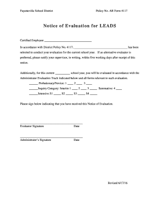 Fillable Online Notice of Evaluation for LEADS - Fayetteville Public ...