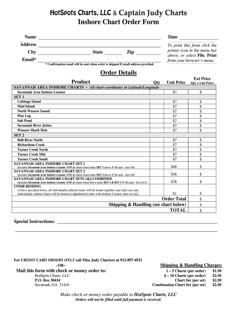 Fillable Online HotSpots Charts, LLC Chart Order Form Fax Email Print ...