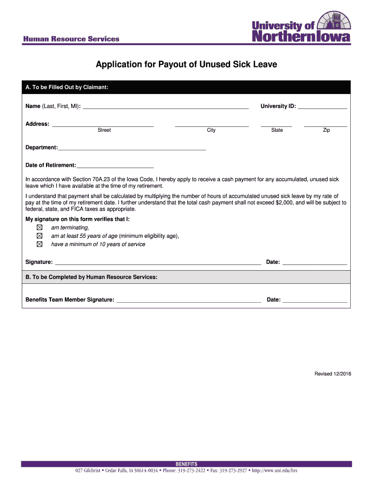 Fillable Online uni Application for Payout of Unused Sick Leave - uni.edu Fax Email Print ...