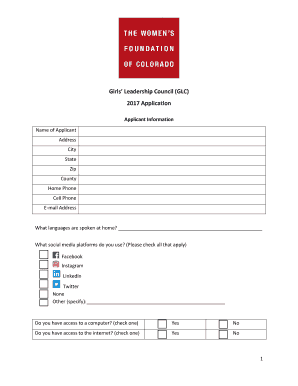 Fillable Online (GLC) 2017 Application - Girls Inc. of Metro Denver Fax ...
