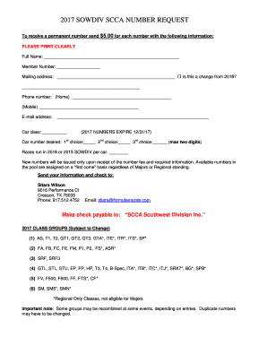 Fillable Online Permanent Number Request Form - Southwest Division SCCA Fax Email Print - pdfFiller
