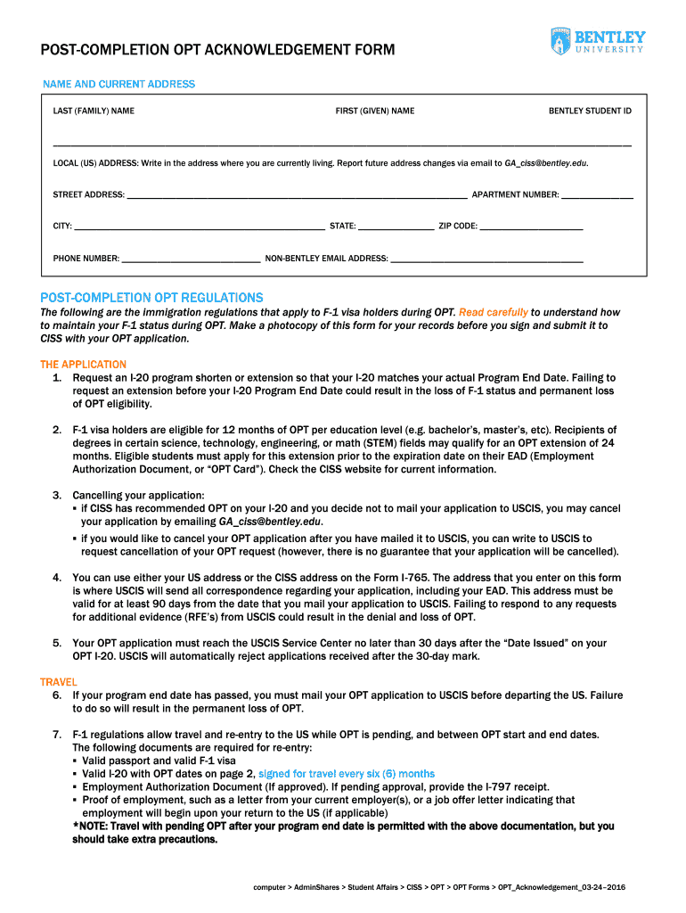 Fillable Online bentley POST-COMPLETION OPT ACKNOWLEDGEMENT FORM - bentley Fax Email Print ...