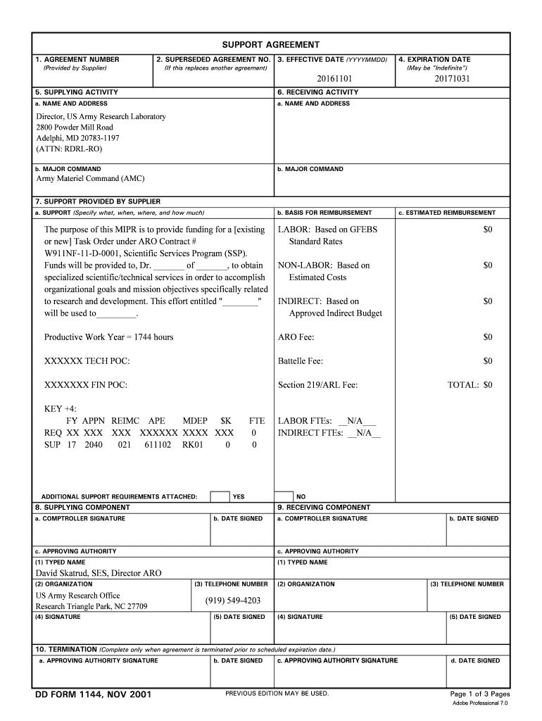 Fillable Online arl army DD Form 1144, Support Agreement, November 2001 ...