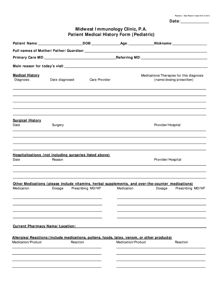 Fillable Online New Patient History Form - Midwest Immunology Clinic Fax Email Print - pdfFiller