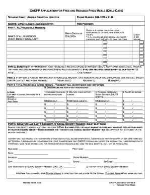 Fillable Online CACFP APPLICATION FOR FREE AND REDUCED PRICE MEALS ...