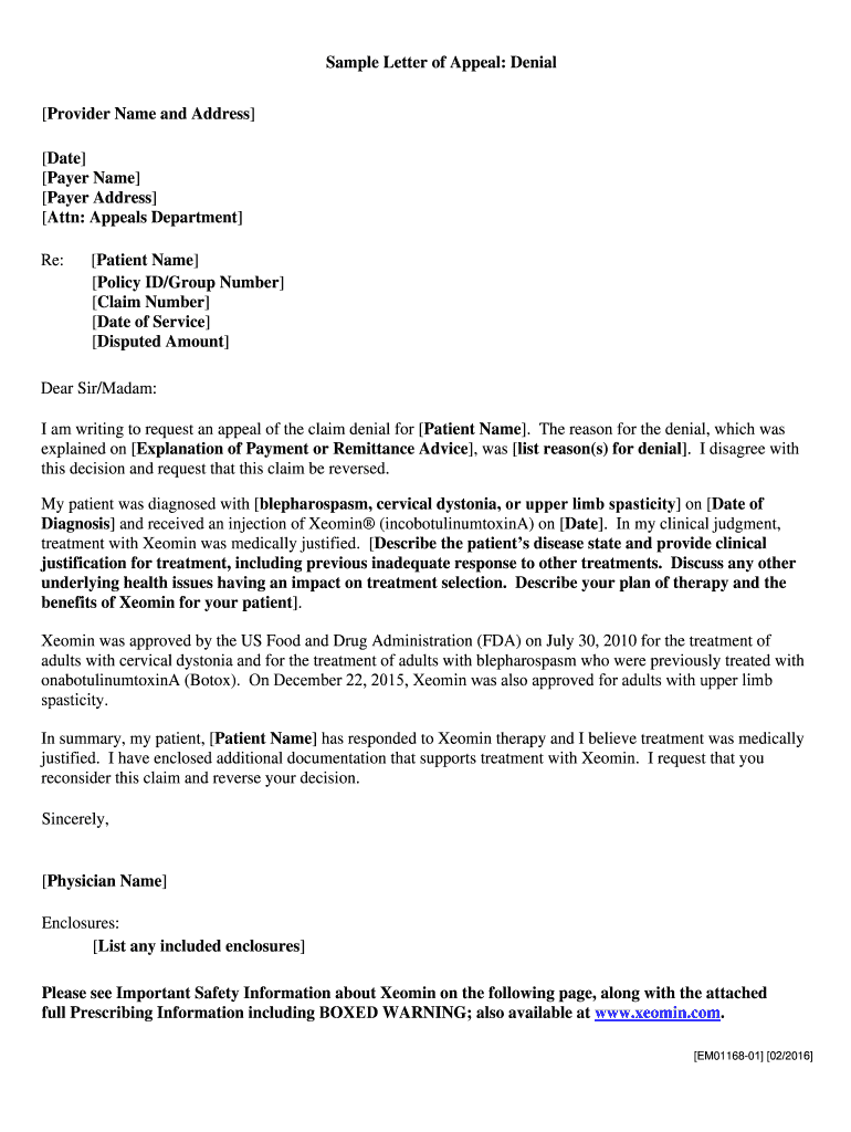 Fillable Online Sample Letter of Appeal: Denial Fax Email Print - pdfFiller