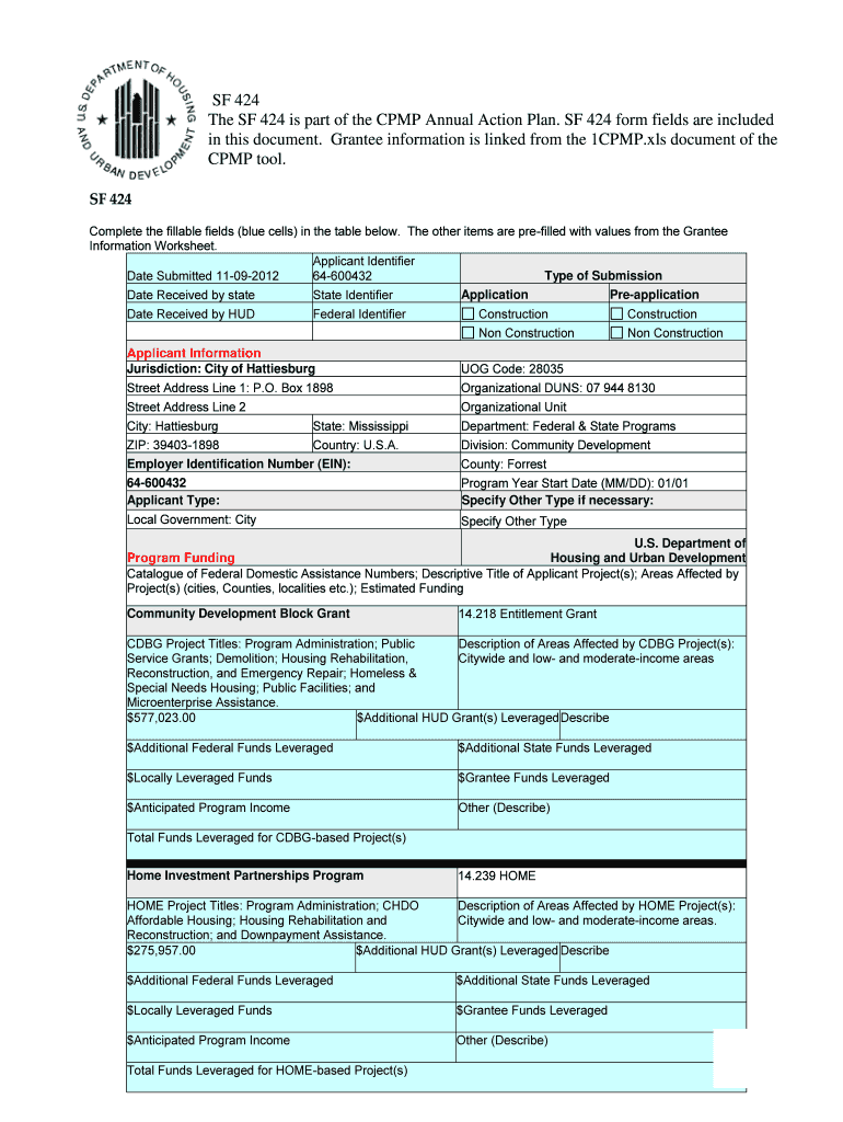 Fillable Online SF 424 The SF 424 is part of the CPMP Annual Action ...