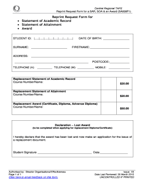 Fillable Online centralregionaltafe wa edu Reprint Request for SOA SAR ...