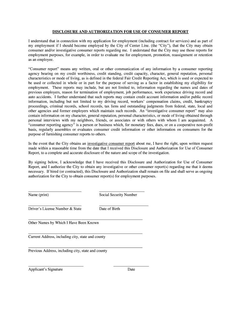 Fillable Online centerline Disclosure and Authorization for use of Consumer Report Fax Email ...
