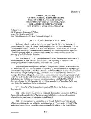 Fillable Online D-1 EXHIBIT D FORM OF CERTIFICATE FOR TRANSFER ...