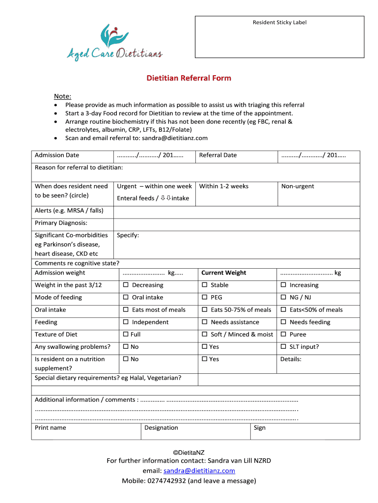 Fillable Online Dietitian Referral Form Fax Email Print - pdfFiller
