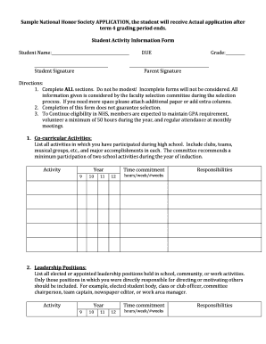 Fillable Online Sample National Honor Society APPLICATION, the Fax ...