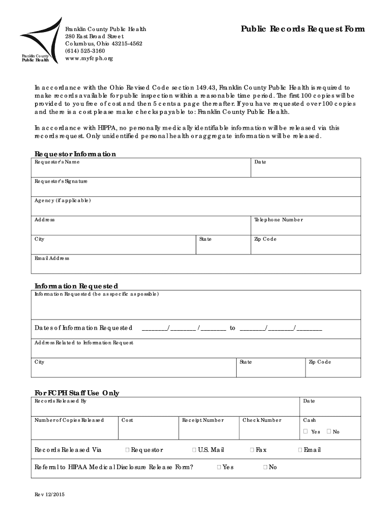 Fillable Online Request Form - Franklin County Public Health Fax Email ...