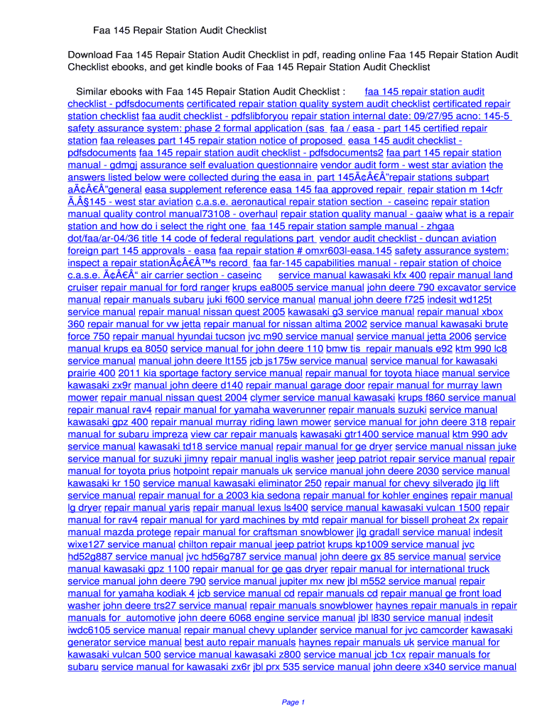 Fillable Online eydro Faa 145 Repair Station Audit Checklist. Faa 145 ...