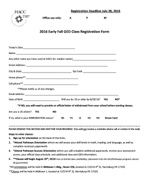 Fillable Online hacc 2016 Early Fall GED Class Registration Form - HACC ...