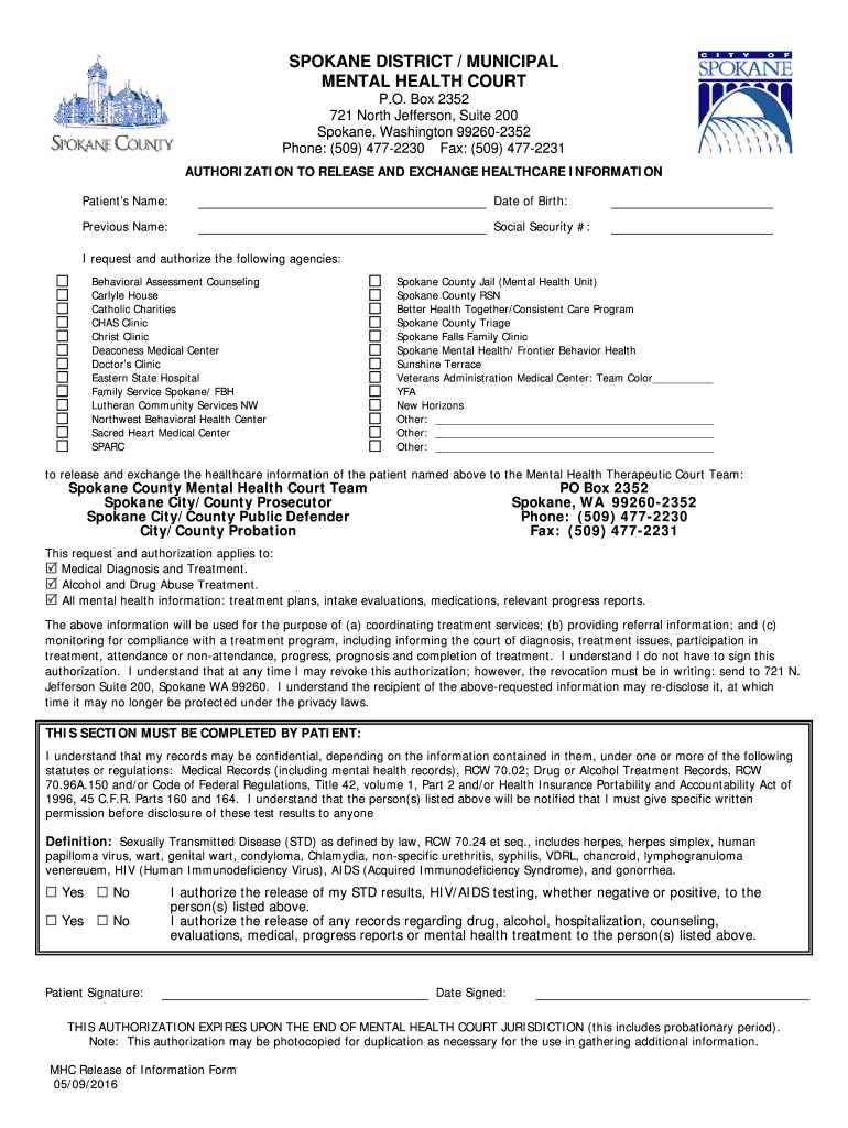 Fillable Online spokanecounty SPOKANE DISTRICT / MUNICIPAL MENTAL HEALTH COURT P.O. Box ...